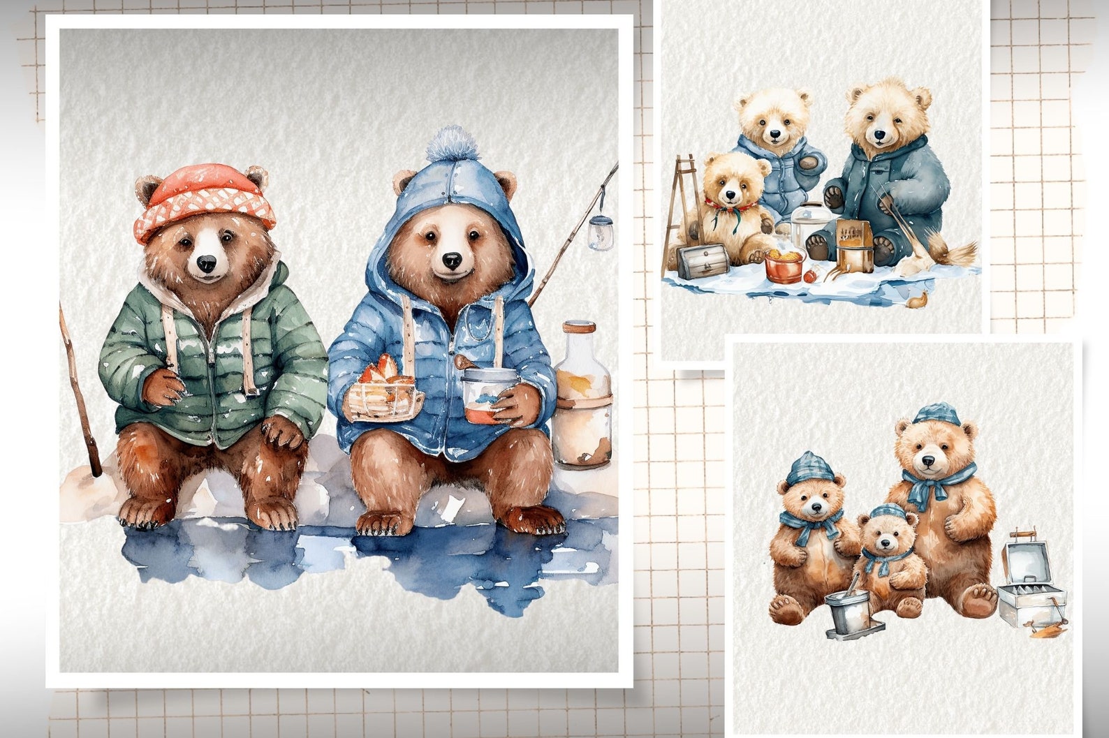 Ice Fishing Bears Watercolor Clipart Fishing Bear Clipart - Etsy