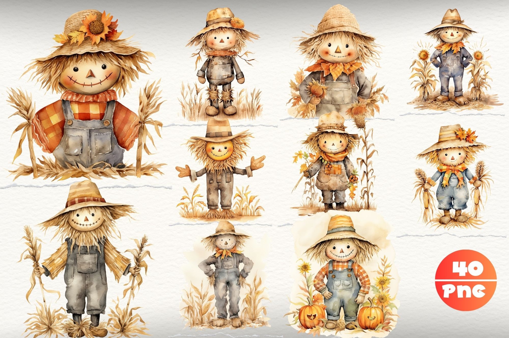 Scarecrow Clipart Watercolor Scarecrow Clipart Bundle - Etsy