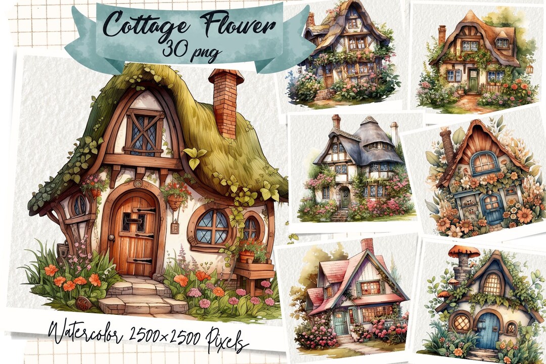 Cottage Flower Clipart, English Cottages With Gardens, Watercolor ...