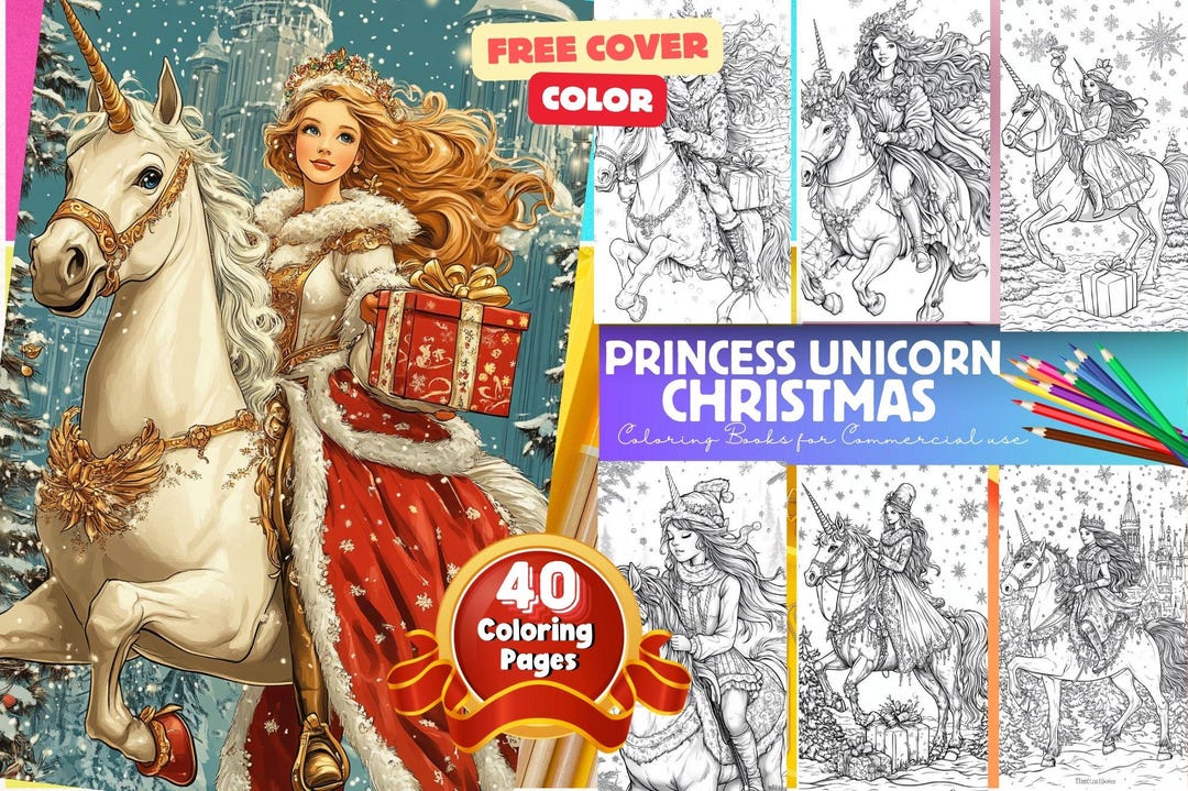 Princess Unicorn Christmas Coloring Pages for Kids, Magical Holiday ...
