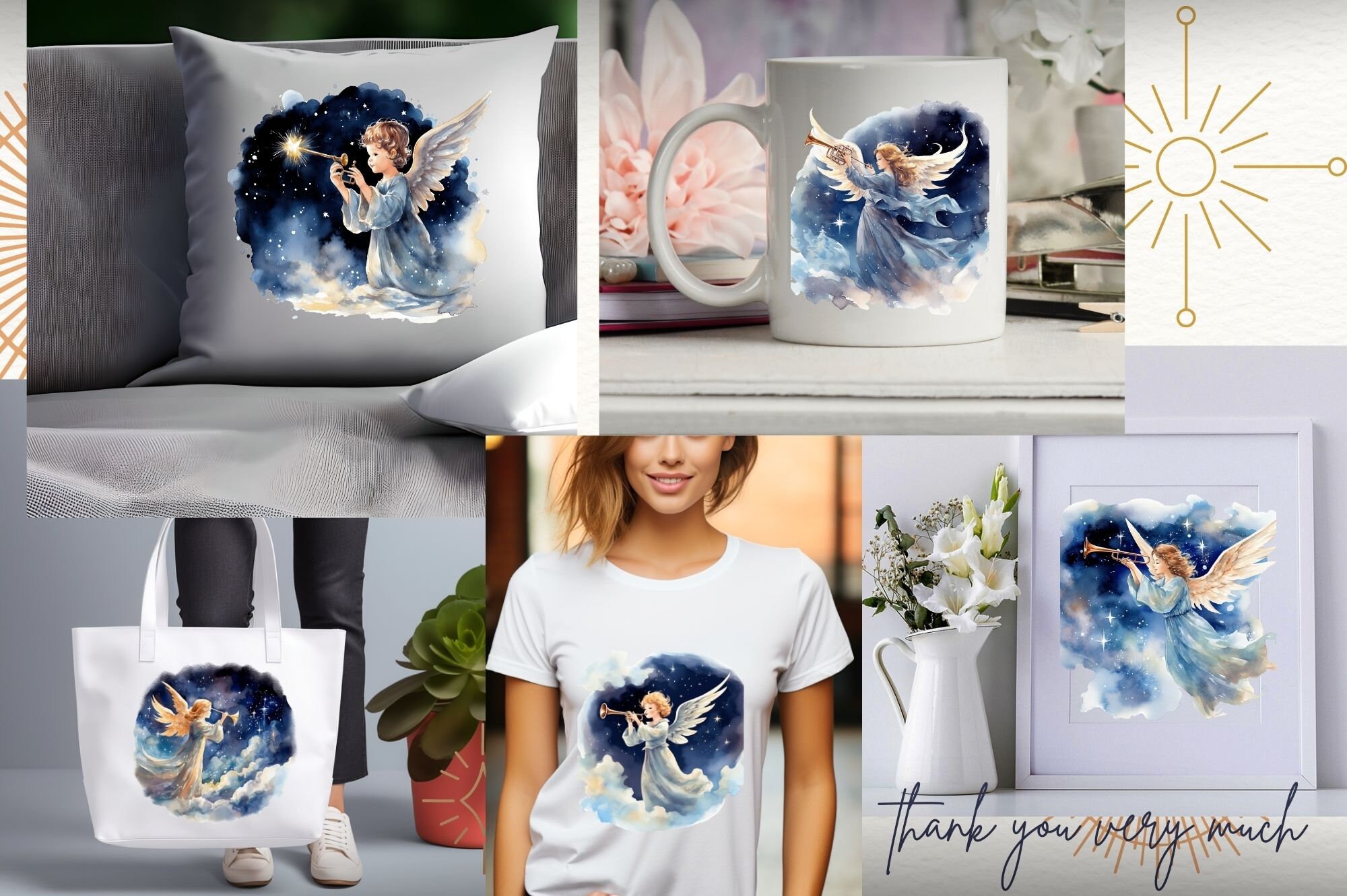 Angel in the Night Sky Blowing Trumpet Watercolor Clipart, Angelic Art ...