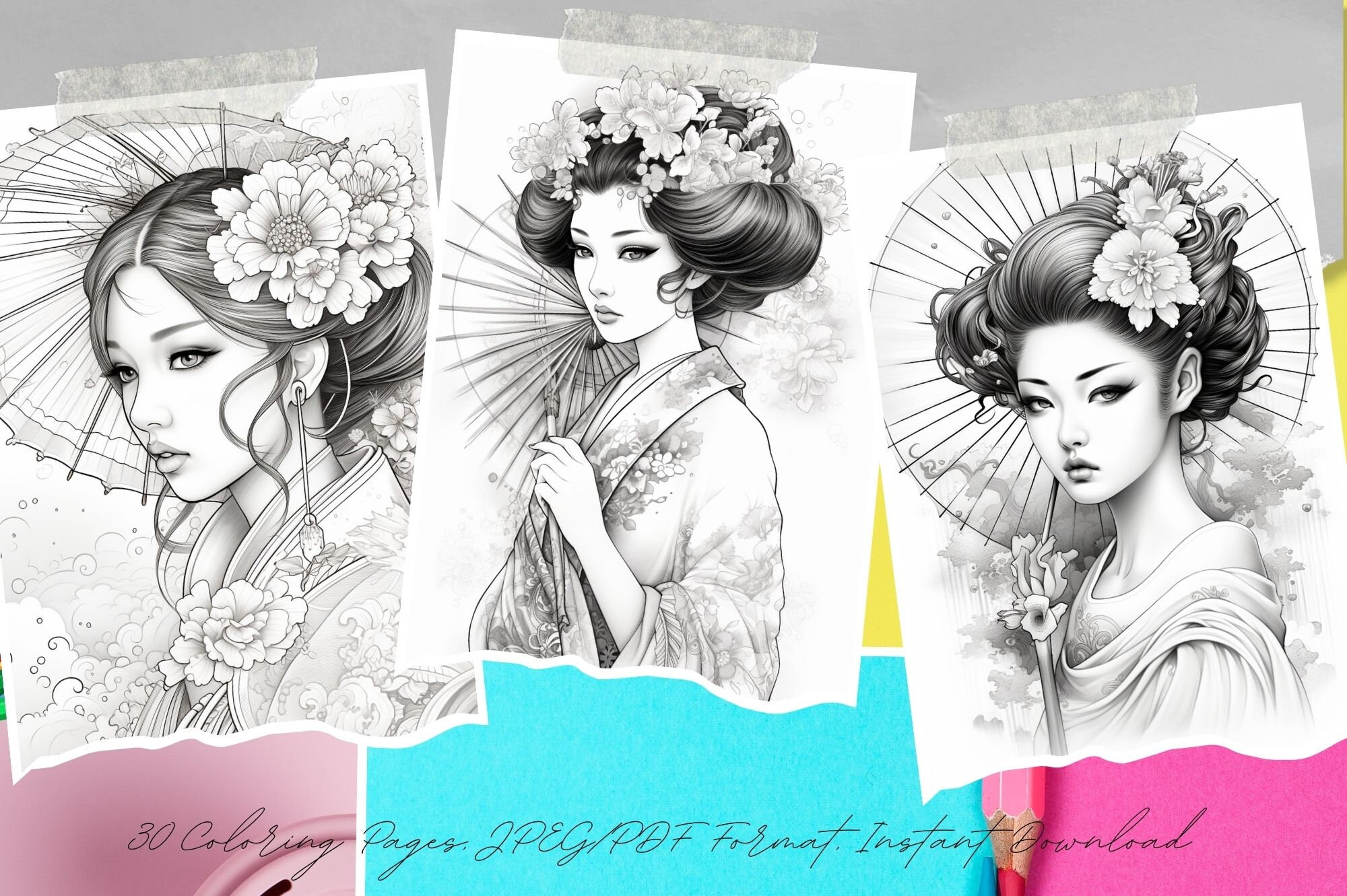 Geisha Coloring Pages Japan Woman in Flowers Geisha Kimono - Etsy