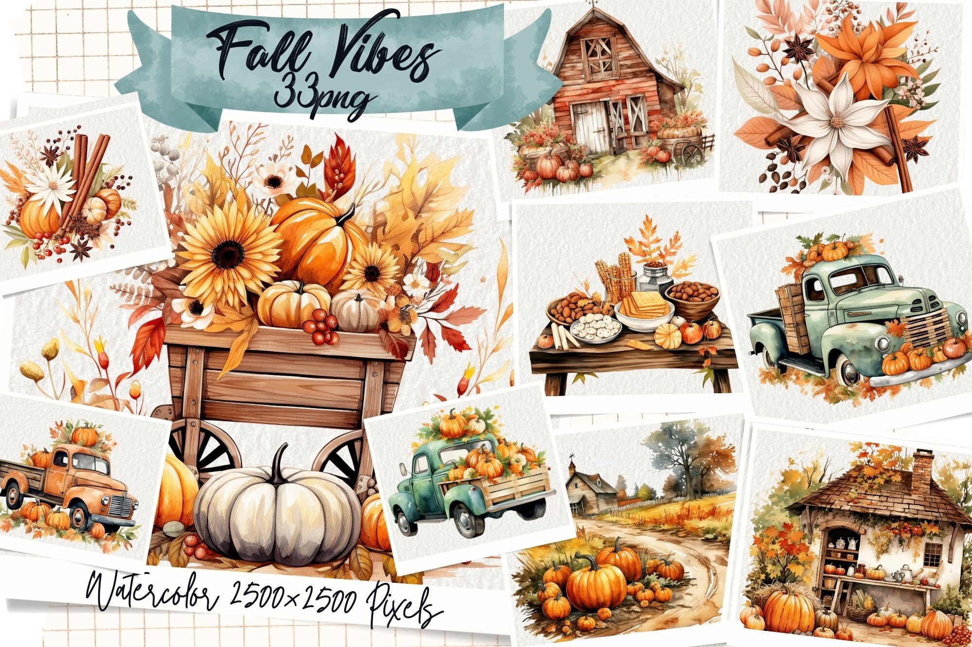 Fall Vibes Clipart, Cozy Fall Clipart Set, Watercolor Autumn Clipart ...