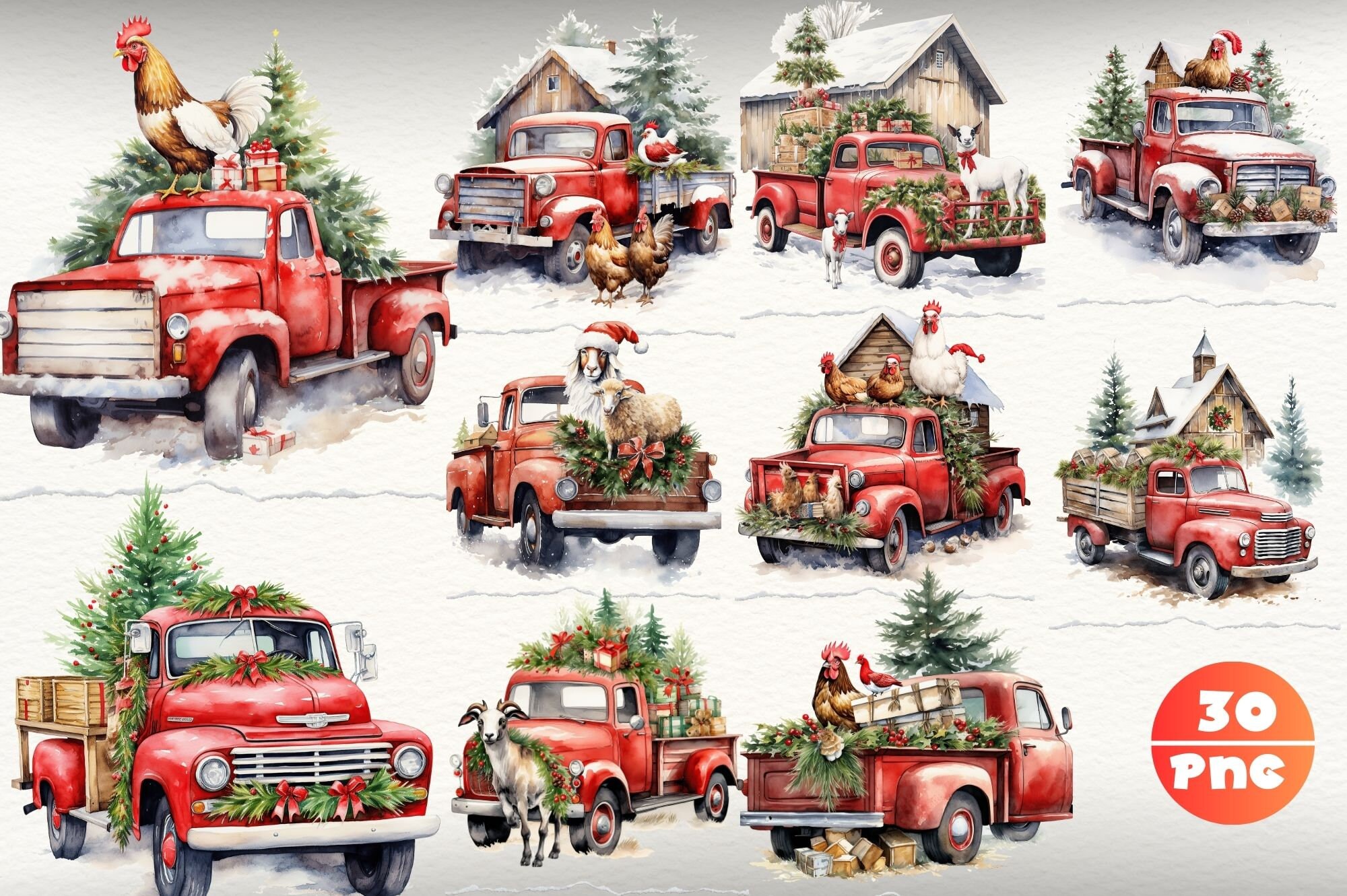 Christmas on the Farm Clipart, Christmas Truck PNG, Watercolor Clipart ...