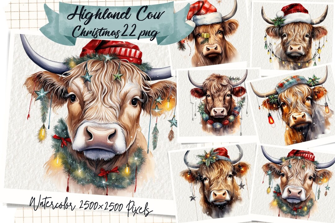 Highland Cow Christmas Clipart, Sublimation Design, Christmas PNG ...