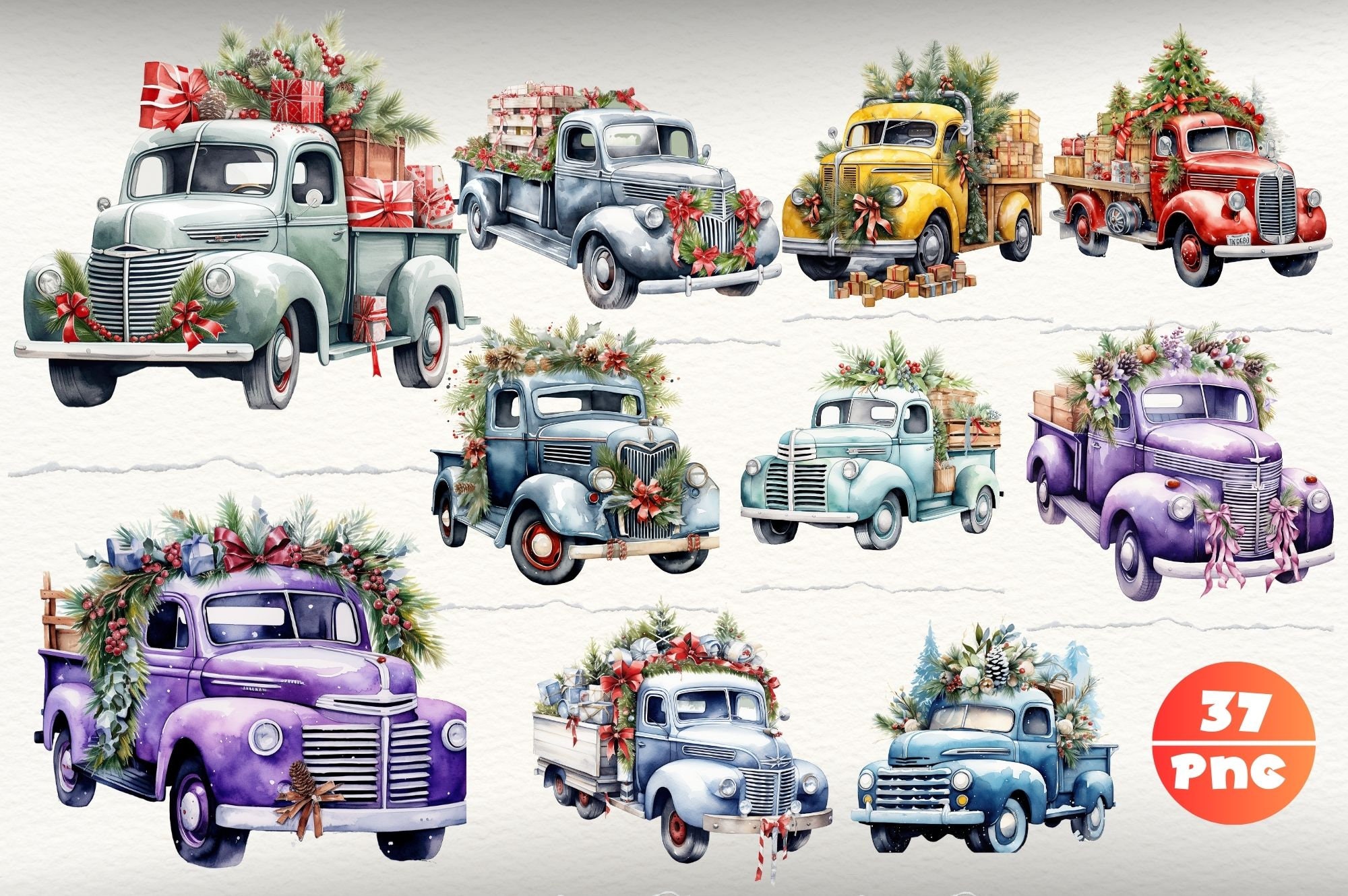 Watercolor Vintage Christmas Truck Clipart, Christmas Truck Clipart ...