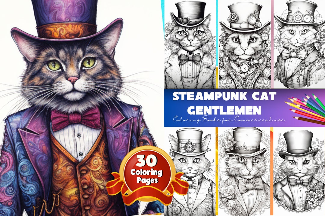 Steampunk Cat Coloring Pages, Cat Gentlemen Adults Printable Coloring ...