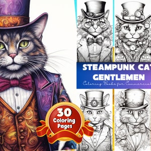 Steampunk Cat Coloring Pages, Cat Gentlemen Adults Printable Coloring ...