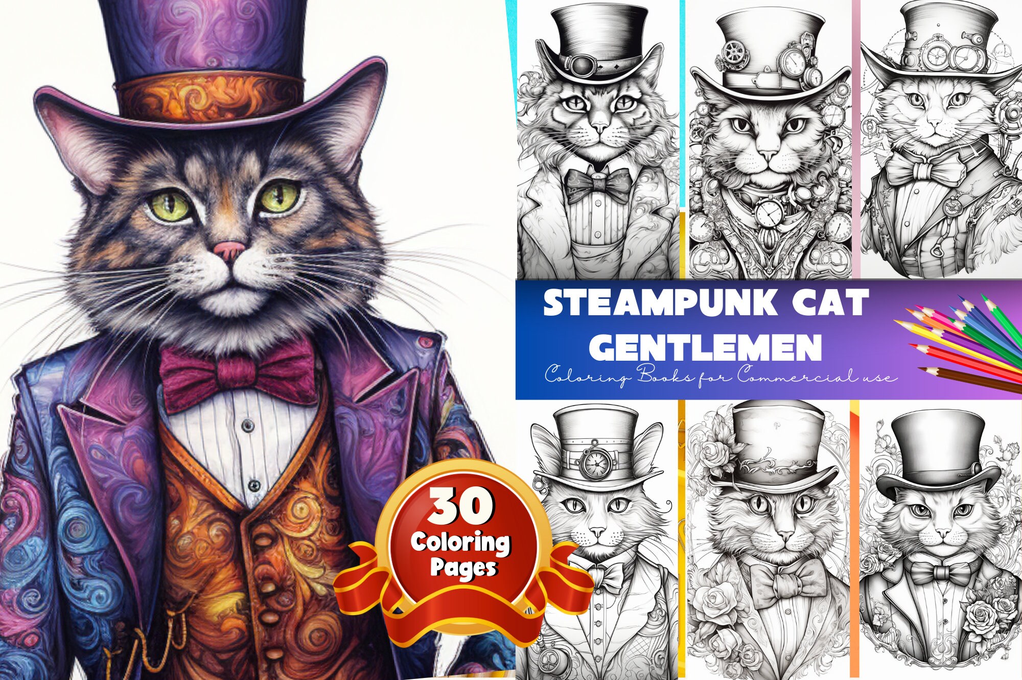 Steampunk Cat Coloring Pages, Cat Gentlemen Adults Printable Coloring ...
