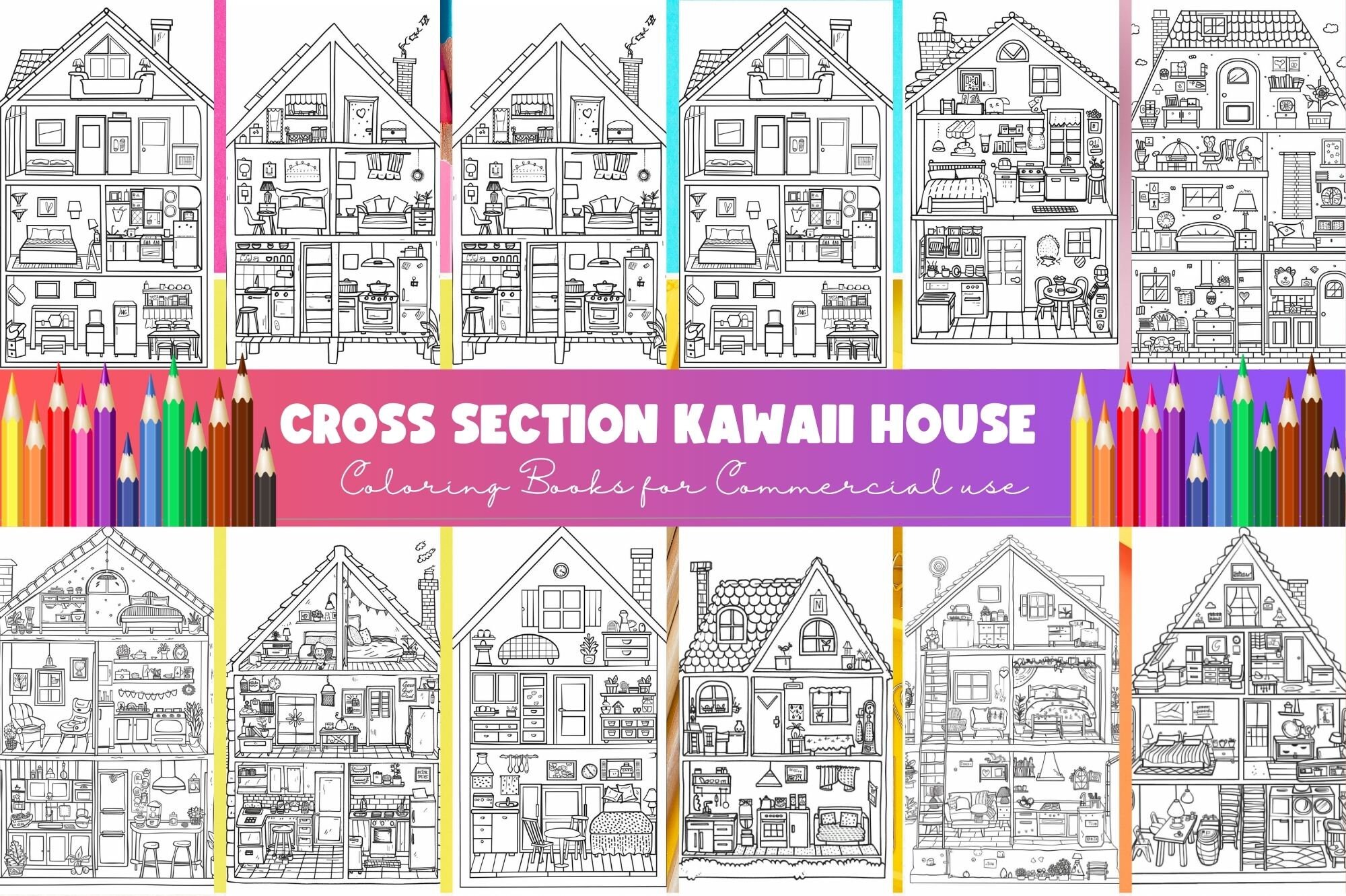Kawaii Home Cross Section Coloring Book, Interior Design Coloring Book ...