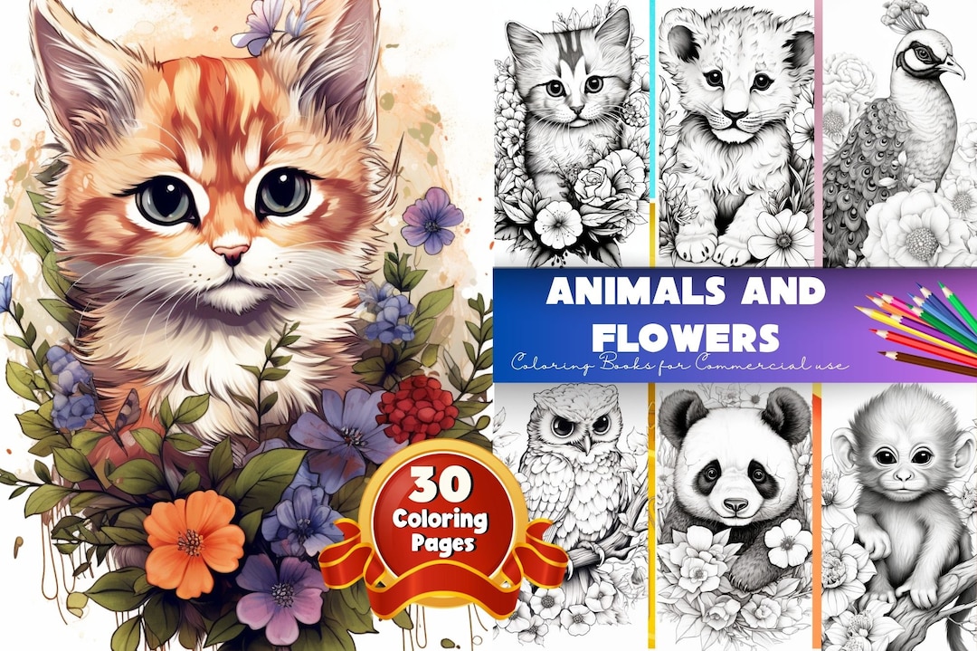 Animals Coloring Page for Adults Printable, Animals and Flowers ...