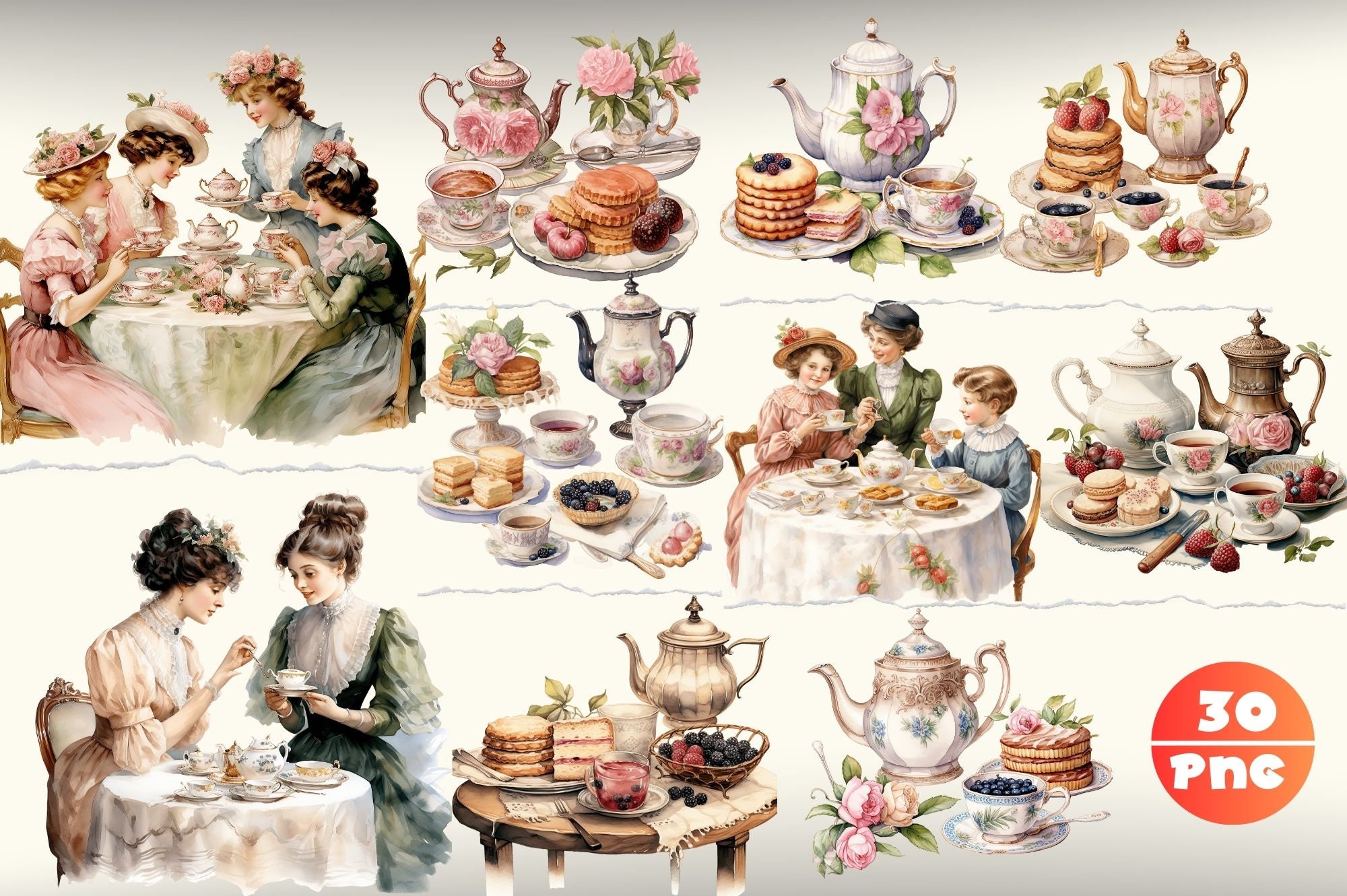 Victorian Tea Party Watercolor Clipart, Victorian Tea Time Png Bundle ...