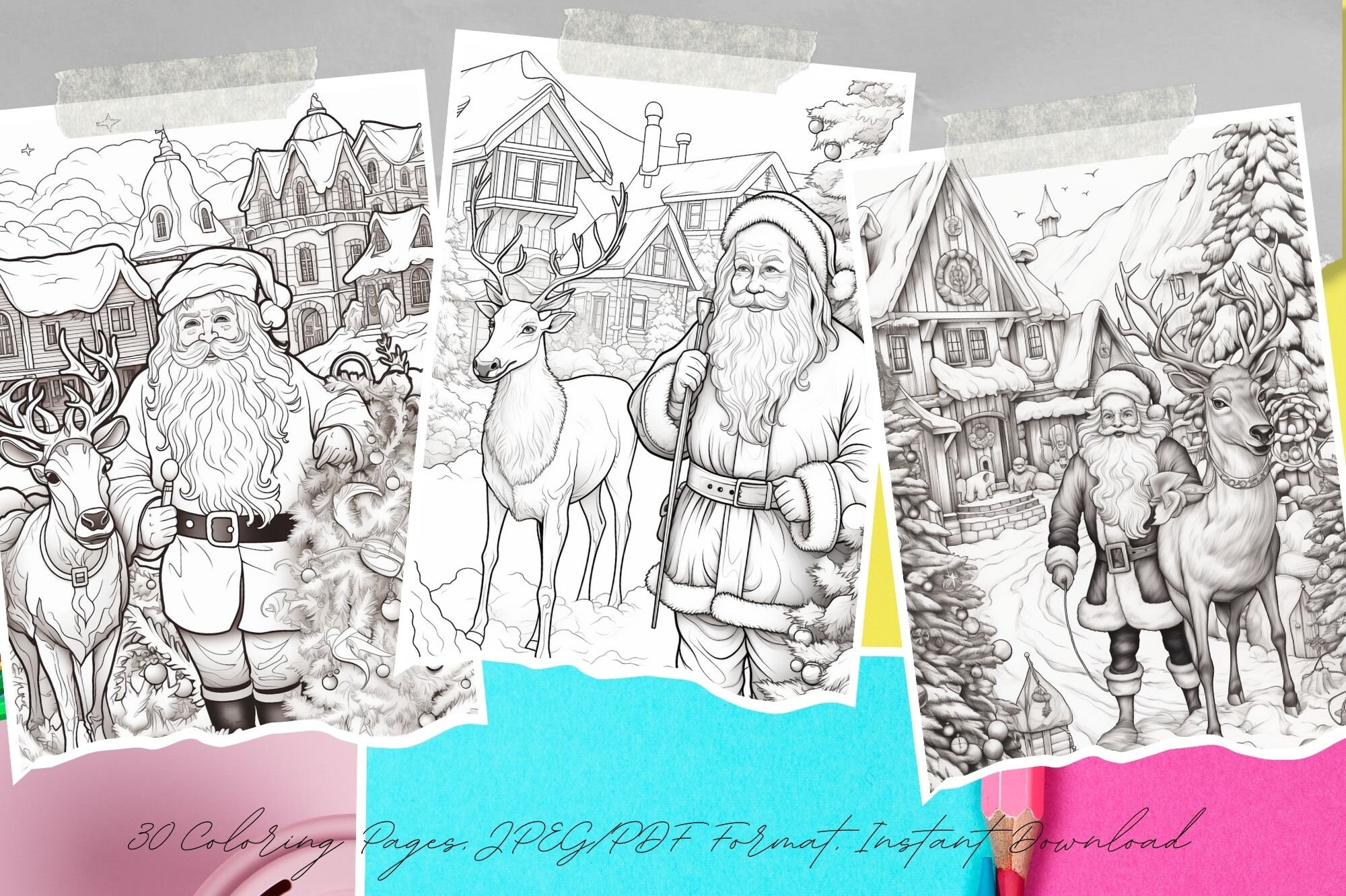 Santa Claus and Reindeer in Village Christmas Coloring Pages, Christmas ...