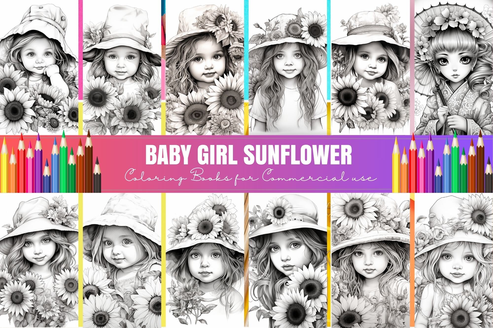 Cute Girls Sunflowers Coloring Pages Adults Kids Coloring - Etsy
