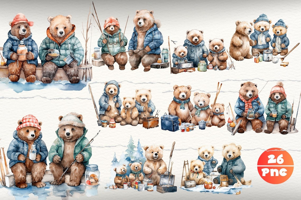 Ice Fishing Bears Watercolor Clipart Fishing Bear Clipart - Etsy