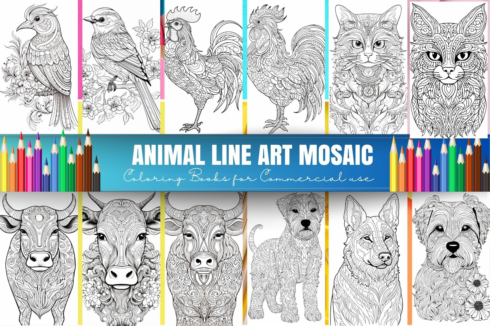 Animal Line Art Mosaic Coloring Pages Mosaic Coloring Pages - Etsy