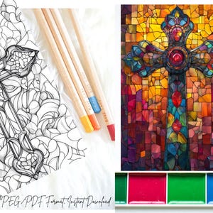 Stained Glass Cross Christmas Coloring Page, Religious Holiday Coloring ...