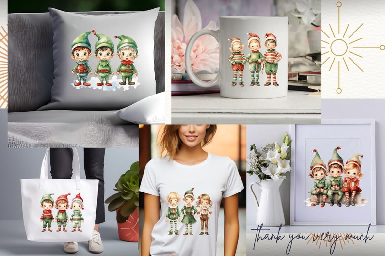 Vintage Christmas Elves 1920 Watercolor Clipart, Digital Download ...