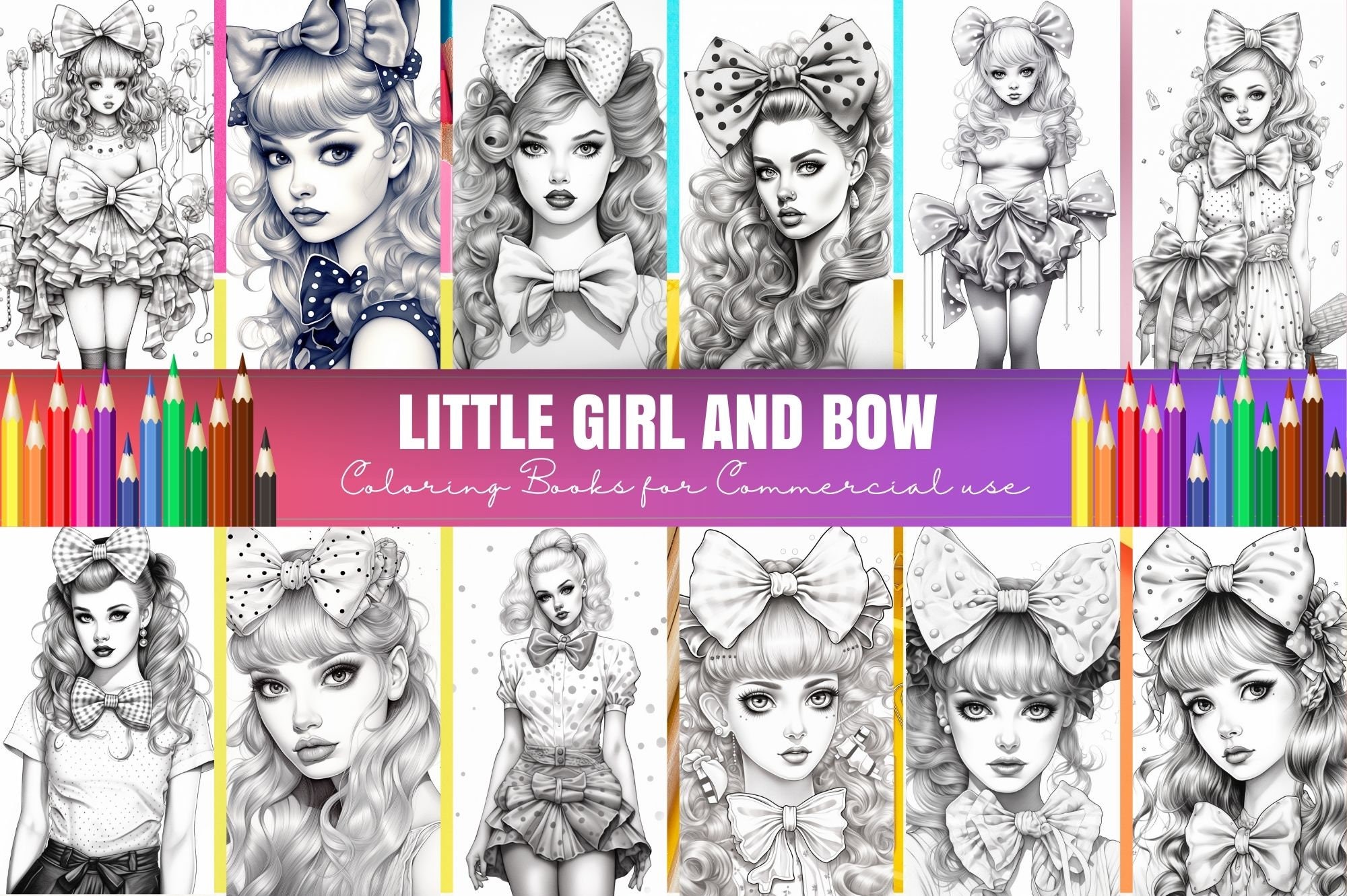 Girl and Bow Coloring Pages, Bow Girl Grayscale Adults/kids Coloring ...