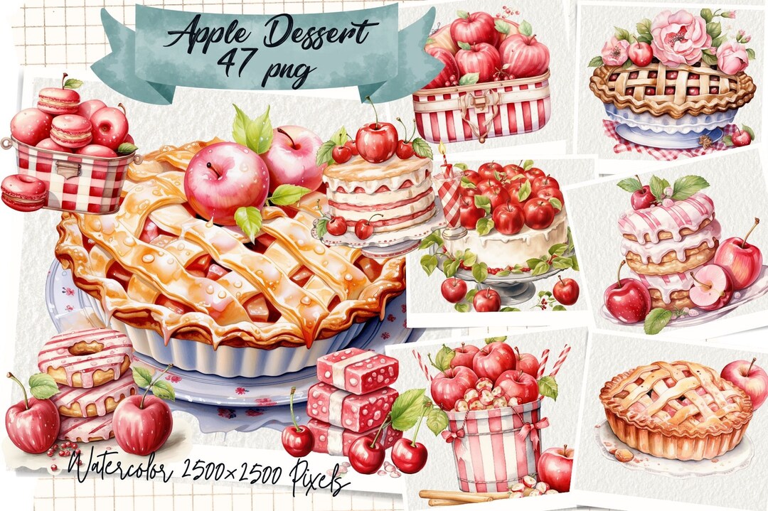 Apple Dessert Watercolor Clipart, Digital Download, Watercolor Food ...