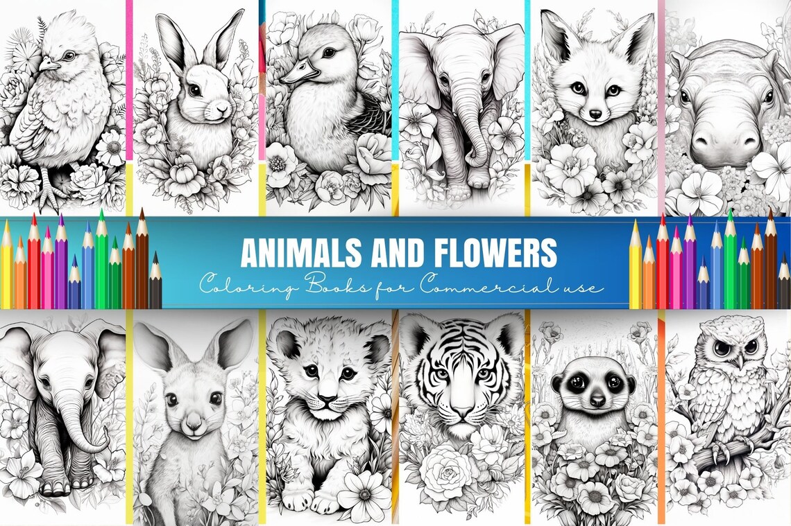 Animals Coloring Page for Adults Printable, Animals and Flowers ...