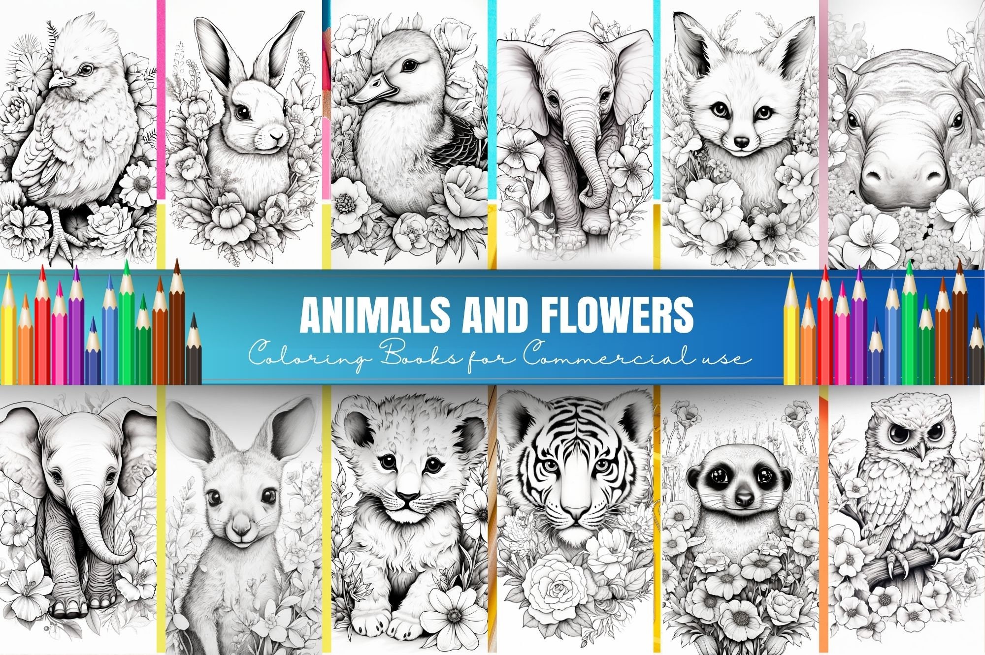 Animals Coloring Page for Adults Printable, Animals and Flowers ...