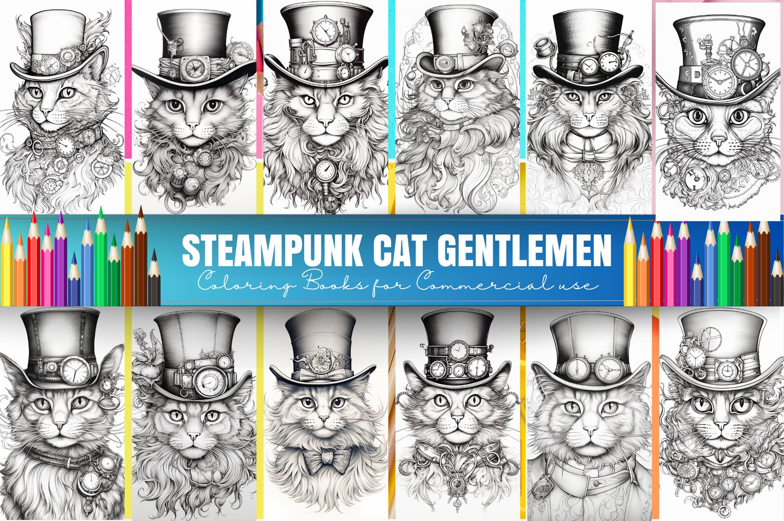 Steampunk Cat Coloring Pages, Cat Gentlemen Adults Printable Coloring ...