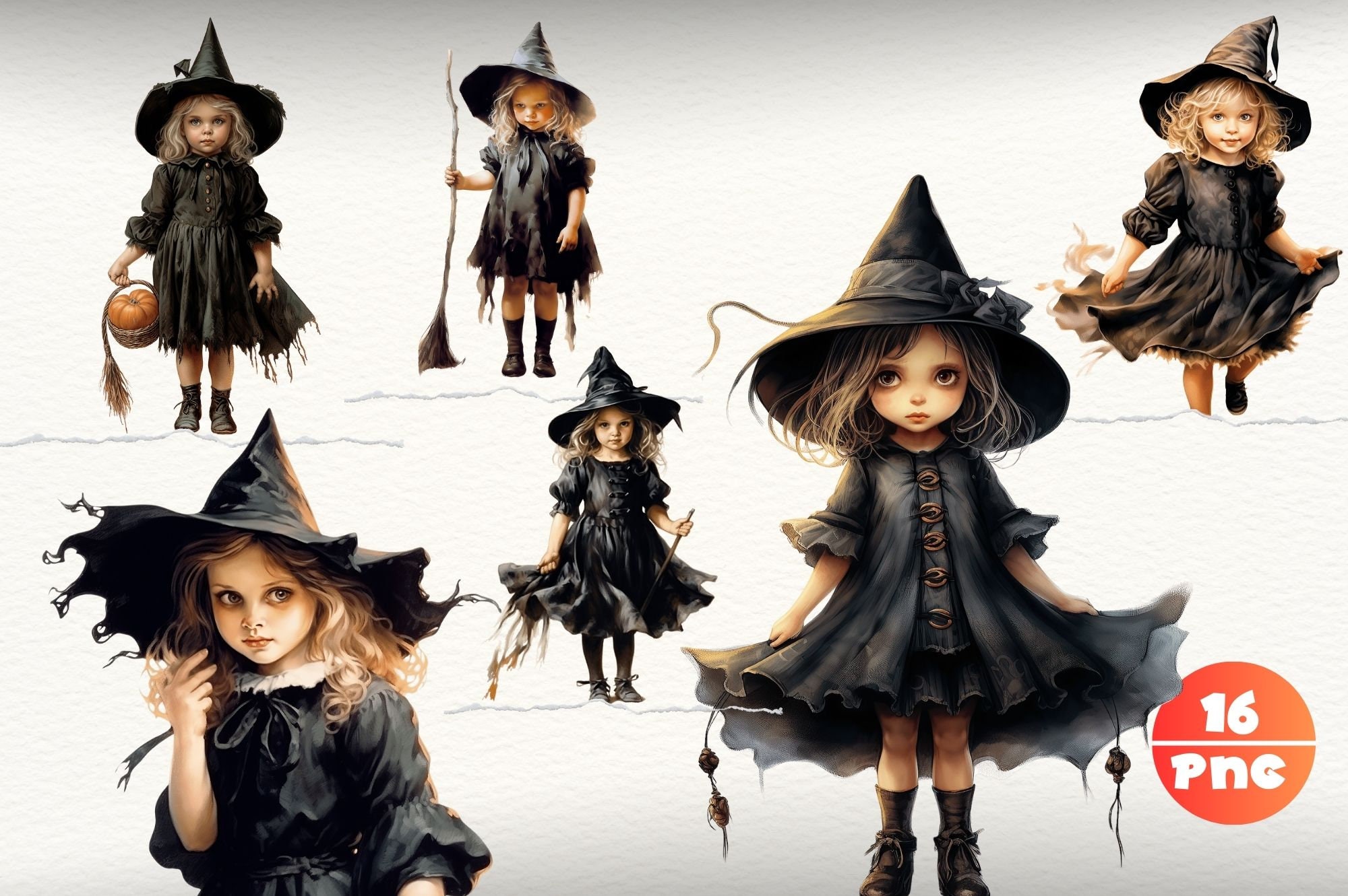 Vintage Little Witch Clipart Bundle, Black Cat, Little Girl, Pumpkin ...
