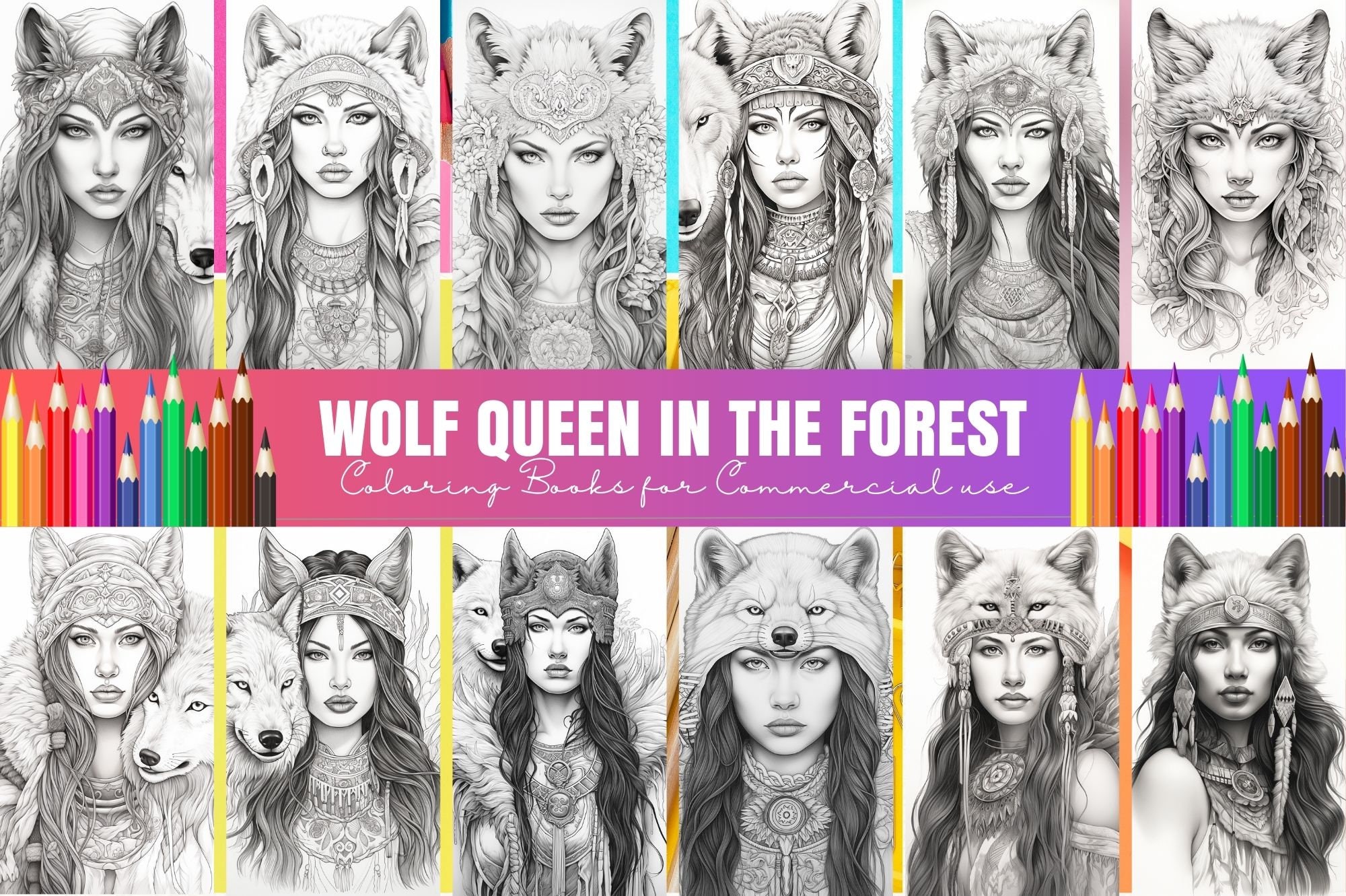 Wolf Queen in the Forest Coloring Illustration, Viking Woman With Her ...