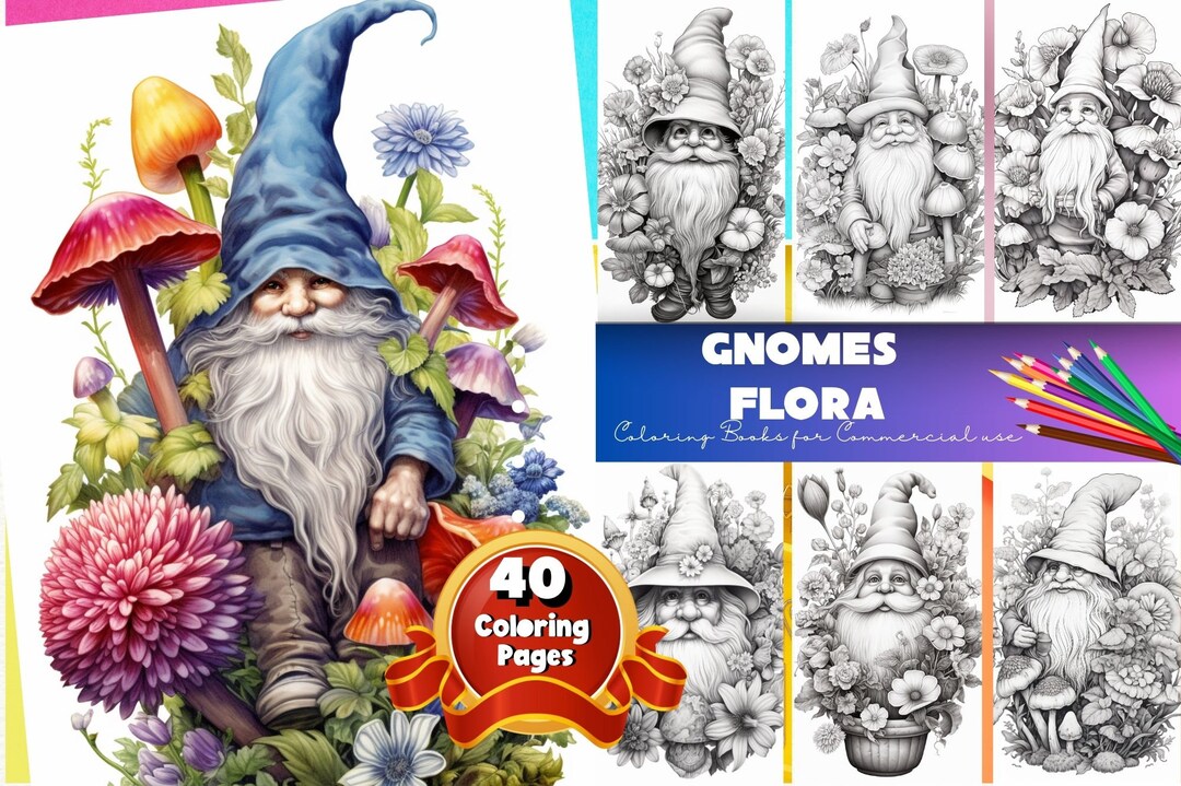 Gnomes Flora Coloring Pages, Garden Gnomes Coloring Book, Floral Cute ...