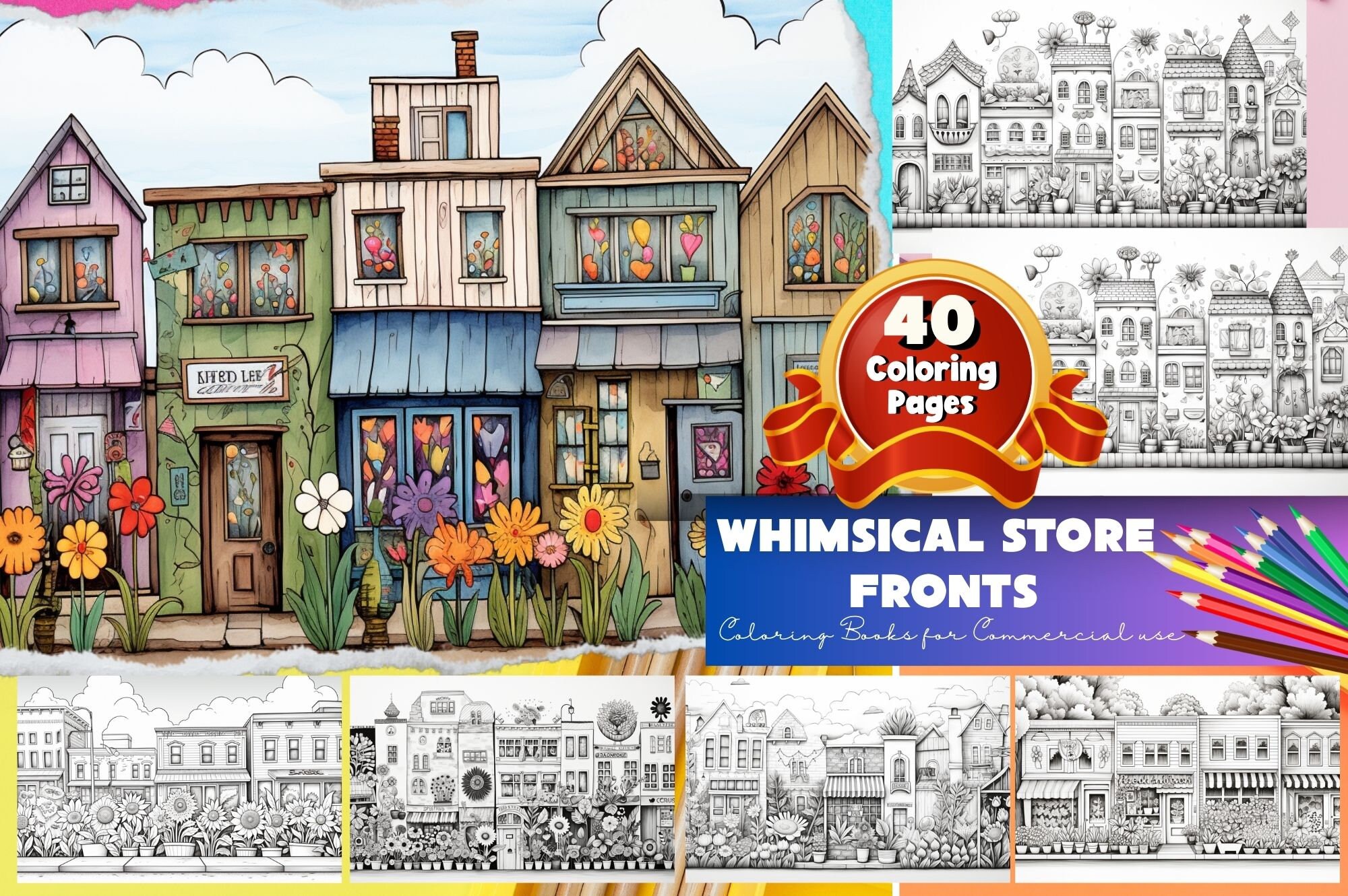 Whimsical Store Fronts Coloring, Adorable Storefront Coloring ...