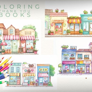 Kawaii Town Storefronts Coloring Pages, Cute for Adults, Printable ...