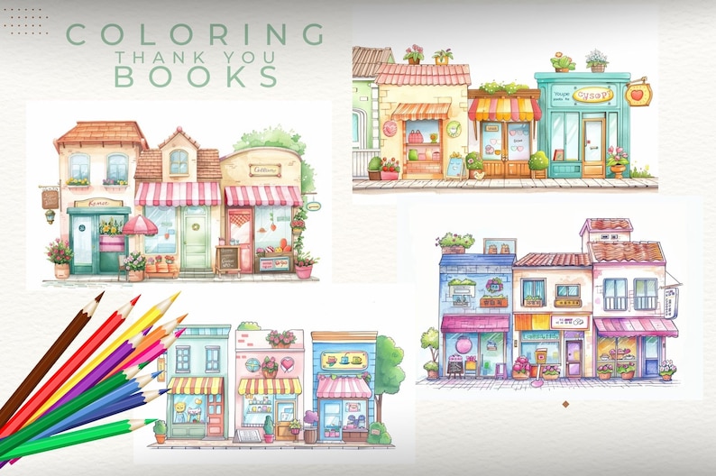 Kawaii Town Storefronts Coloring Pages, Cute for Adults, Printable ...