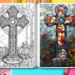 Stained Glass Cross Christmas Coloring Page, Religious Holiday Coloring ...