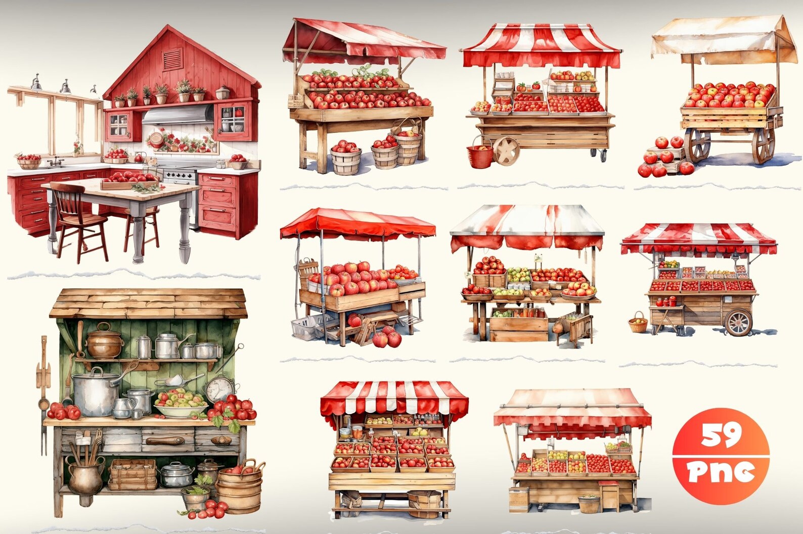 Apple Clipart Bundle 59 PNG Red Watercolor Apple Clipart - Etsy