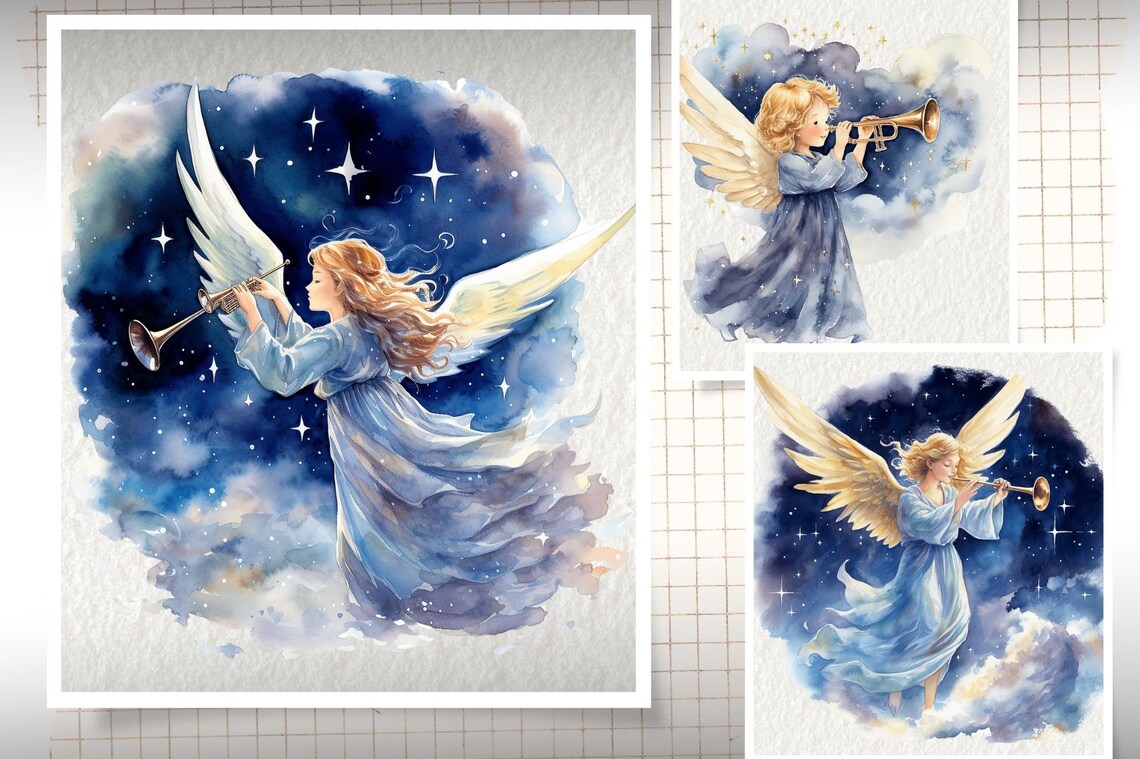 Angel in the Night Sky Blowing Trumpet Watercolor Clipart, Angelic Art ...