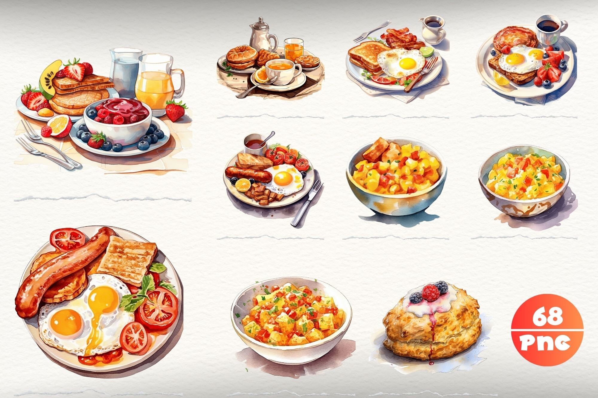 Breakfast Watercolor Clipart, Eggs and Bacon, Breakfast PNG, Brunch ...