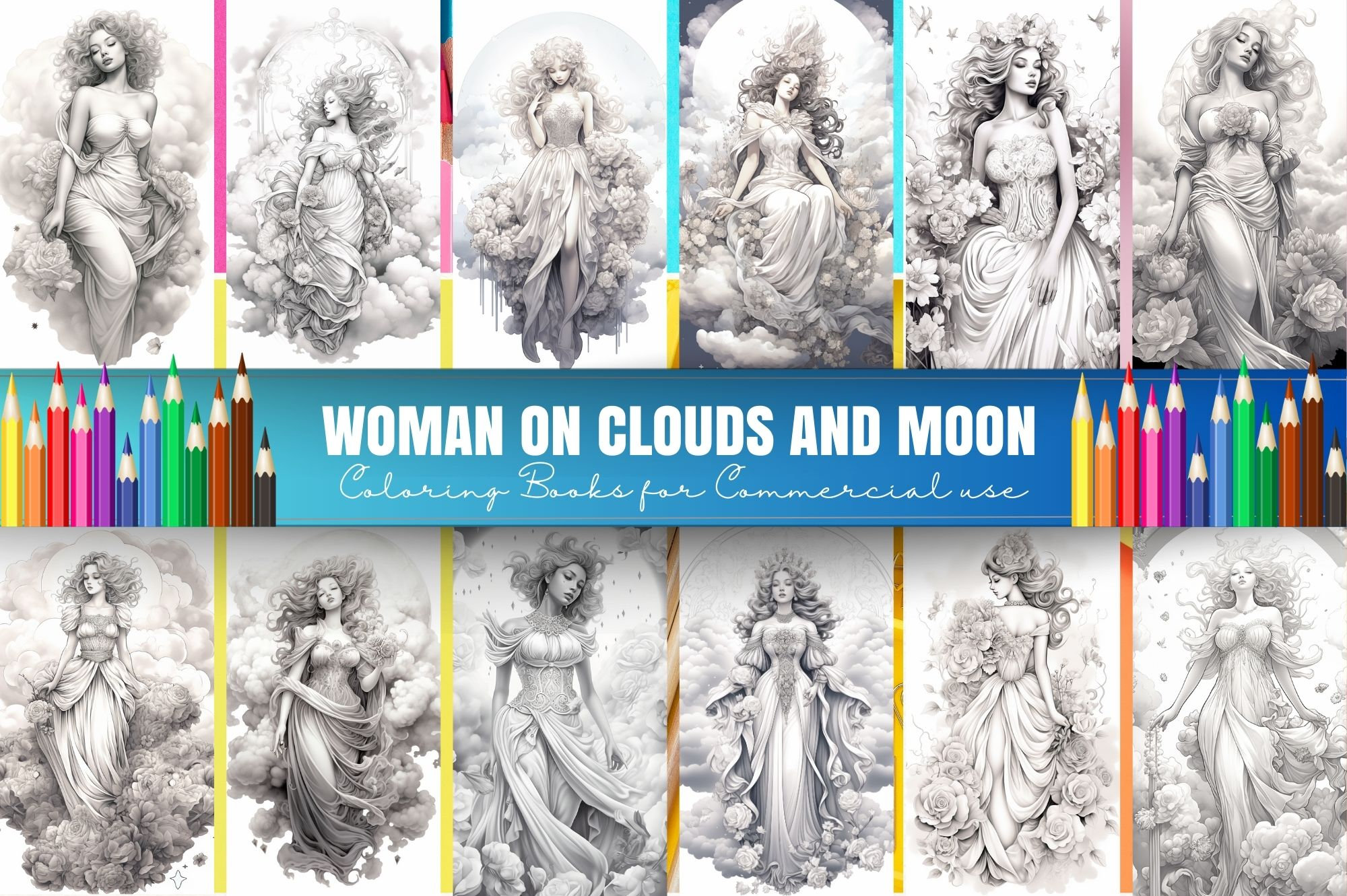 Woman Clouds and Moon Fantasy Coloring Page, Adults Instant Download ...