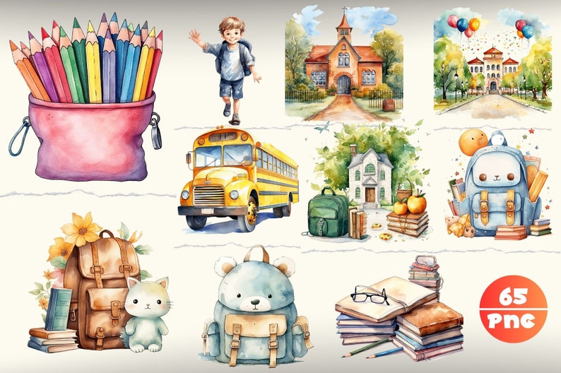 Back to School Clipart, School Watercolor Clipart, School Clipart PNG ...