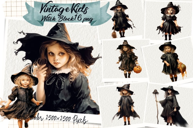 Vintage Little Witch Clipart Bundle Black Cat Little Girl - Etsy