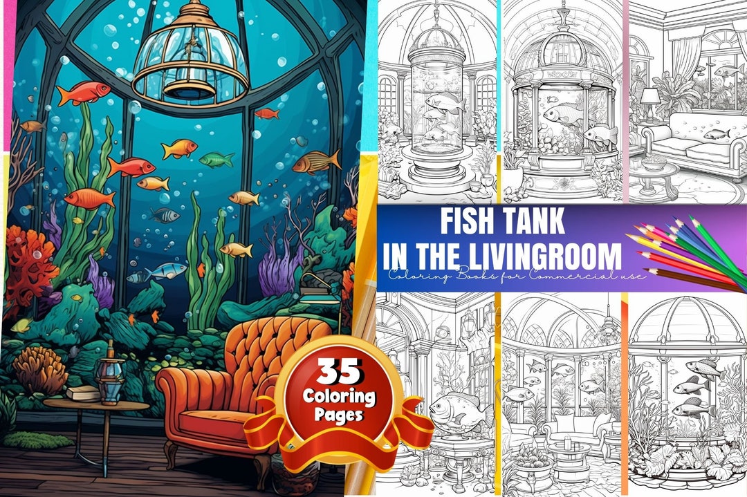 Fishtank Houses Grayscale Coloring Pages for Adults, Kids, Fish Bowl ...