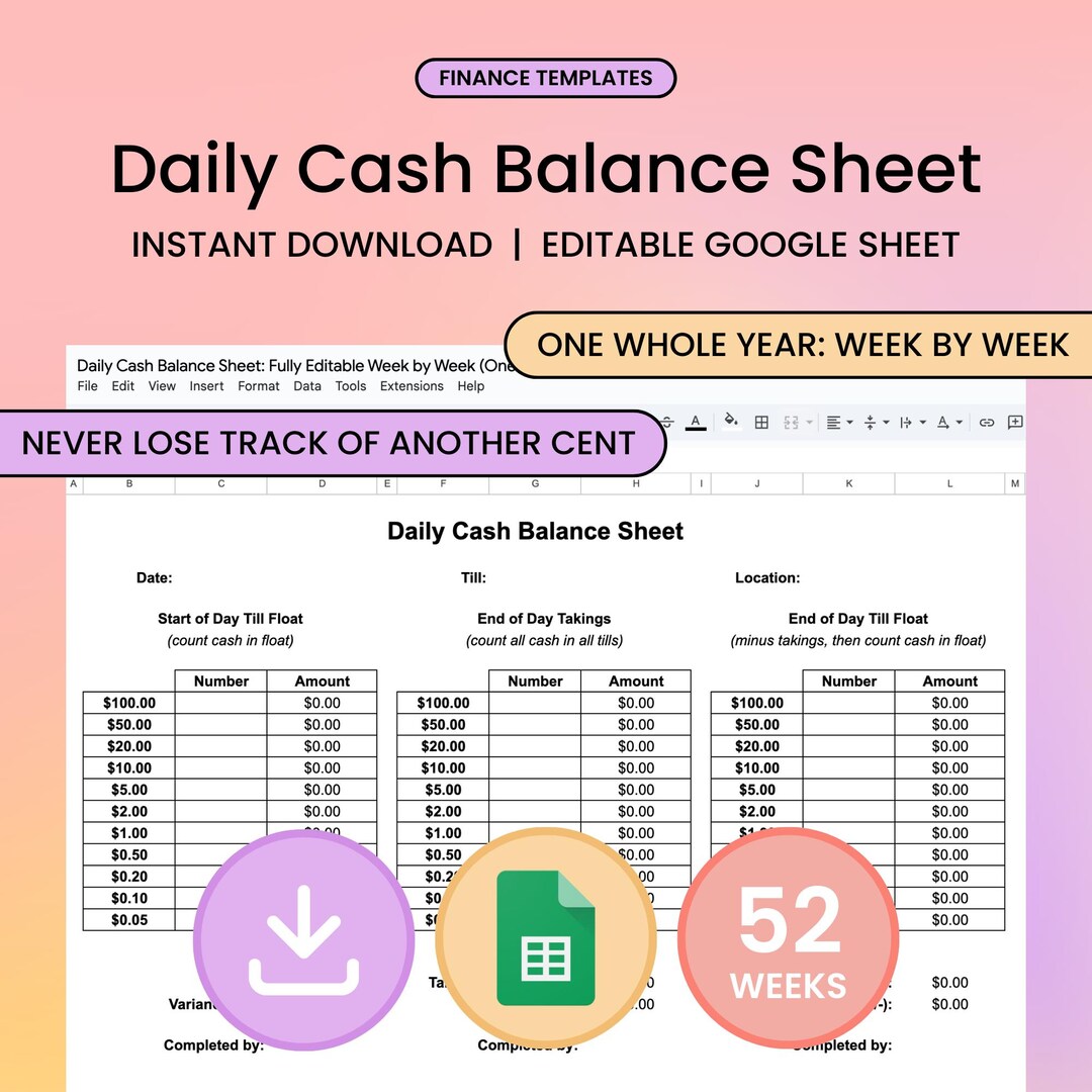 Daily Cash Balance Sheet Google Sheets, Cash Count Sheet, Daily Cash ...