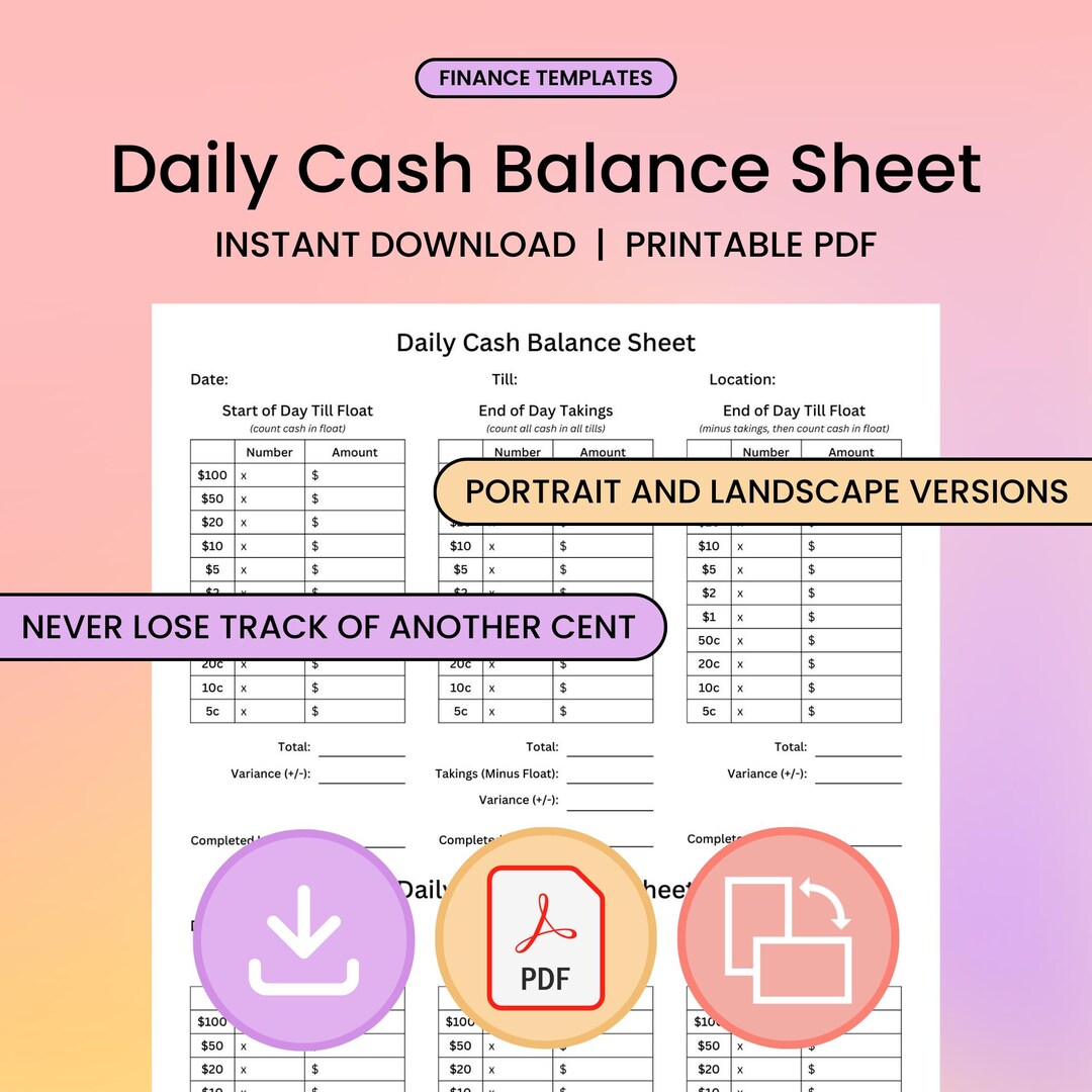Daily Cash Balance Sheet, Cash Count Sheet, Daily Cash Tracker, Cash ...