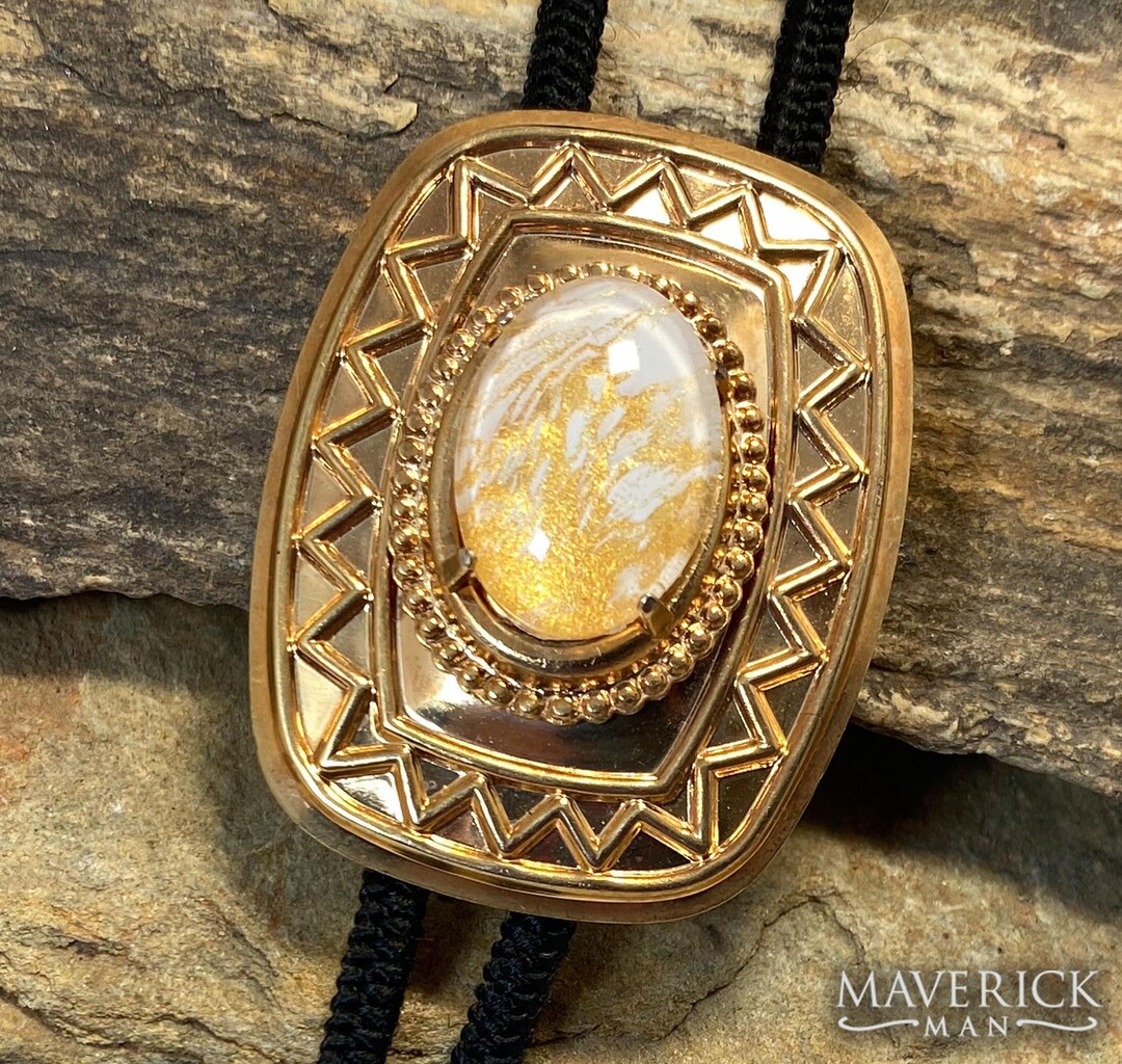 Small Golden Aztec Bolo Tie With Classy Gold and White Hand Painted ...