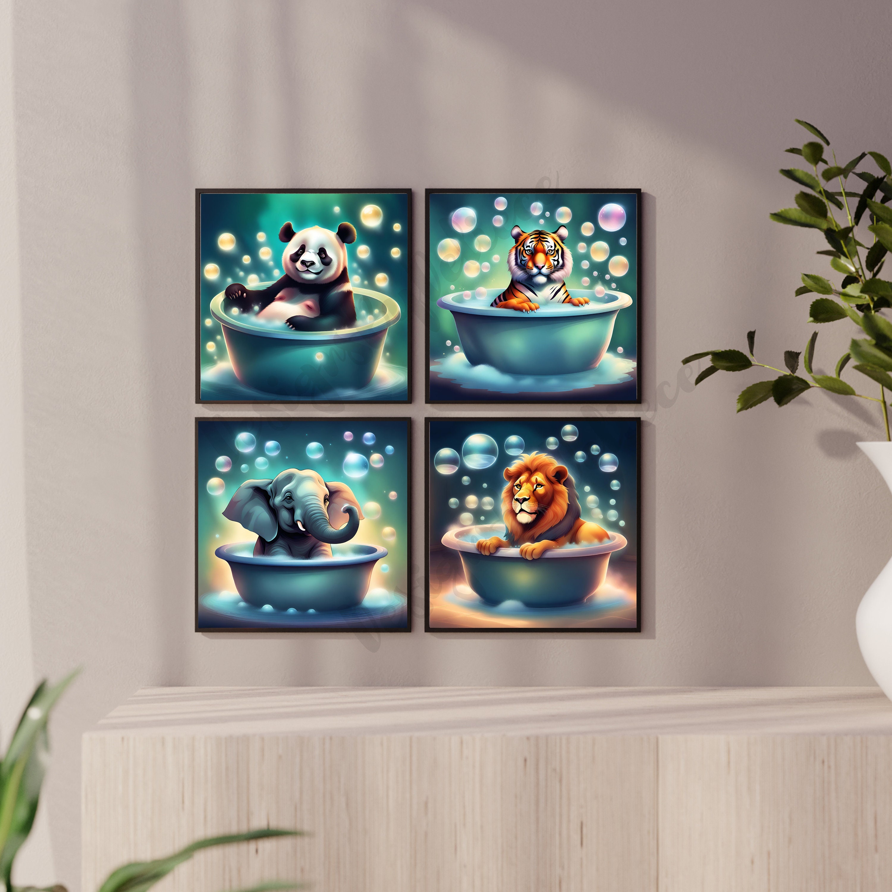 Animals in Tubs Digital Artwork for Kids Bathroom Decor | Bathroom Wall ...