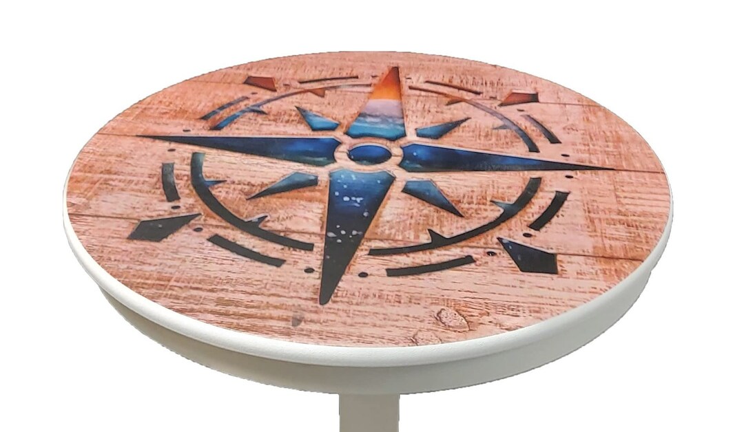 Nautical Compass Rose Accent Table Solid Wood With Sturdy Anchor Legs ...