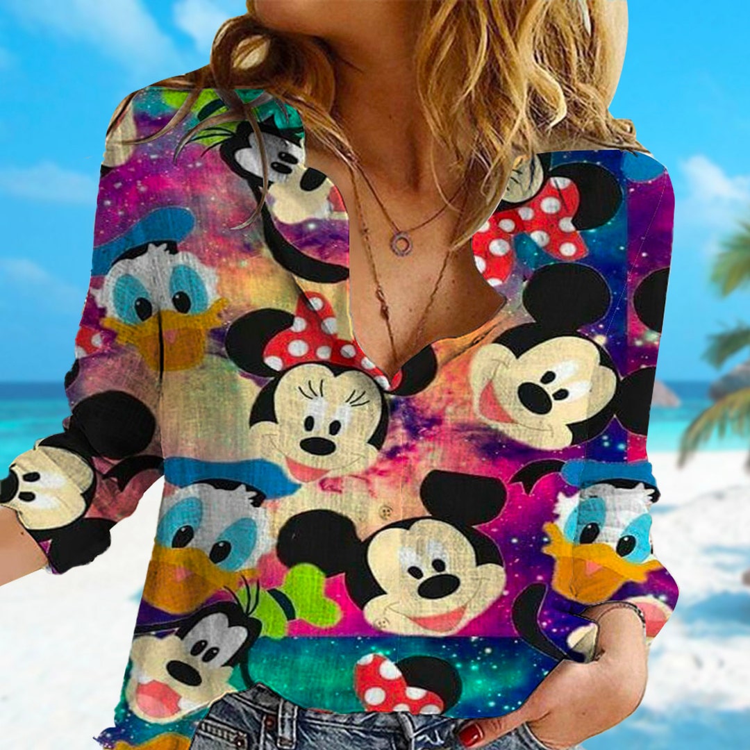 Mouse and Friends Linen Shirt, Mouse Women Casual Shirt, Cartoon Linen ...