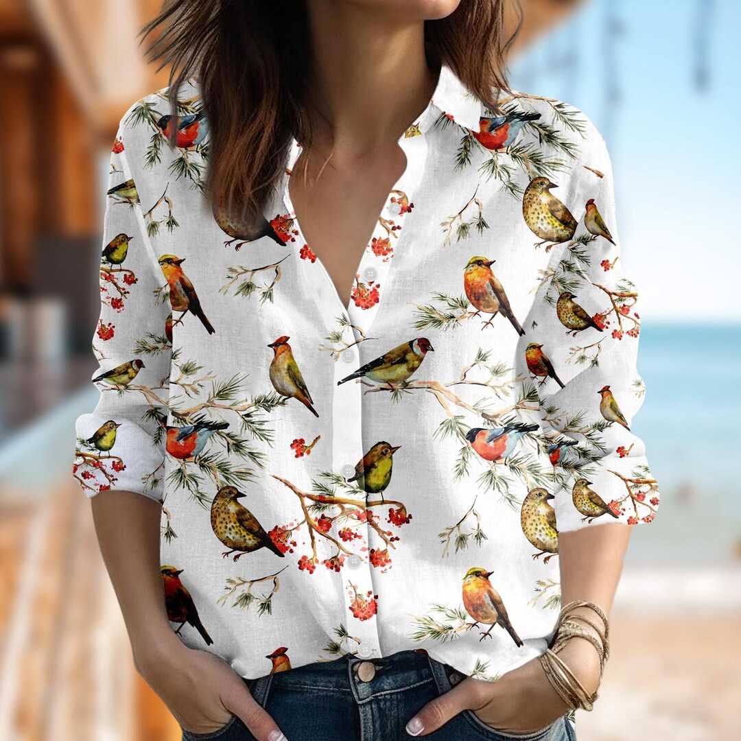 Colorful Bird Blouses Women Shirt, Cute Bird Casual Women Shirt ...