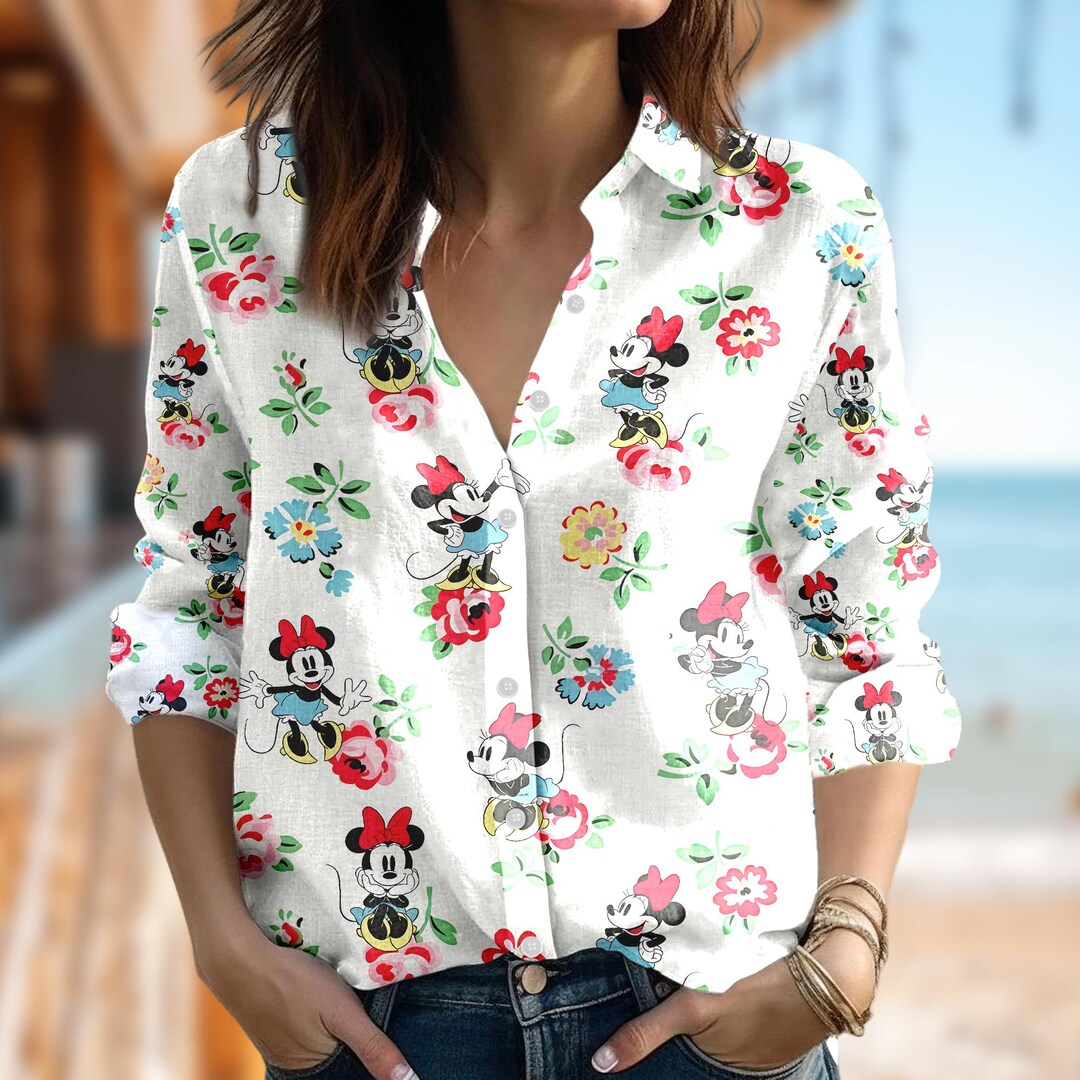 Pink Disney Minnie Mouse Shirt, Cute Minnie Mouse Casual Shirt, Cartoon ...