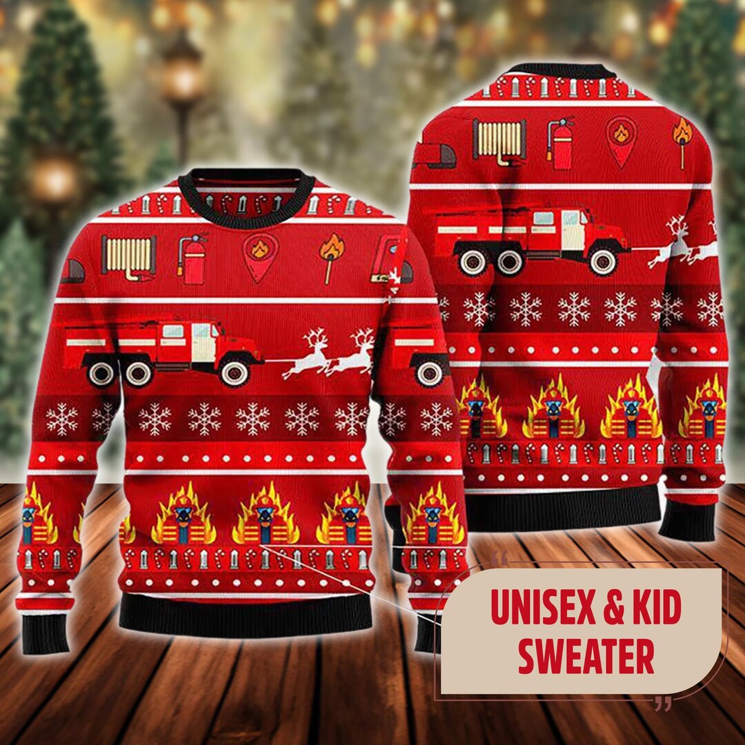 Firefighter and Fire Truck Ugly Christmas Sweater, Firefighter Fire ...